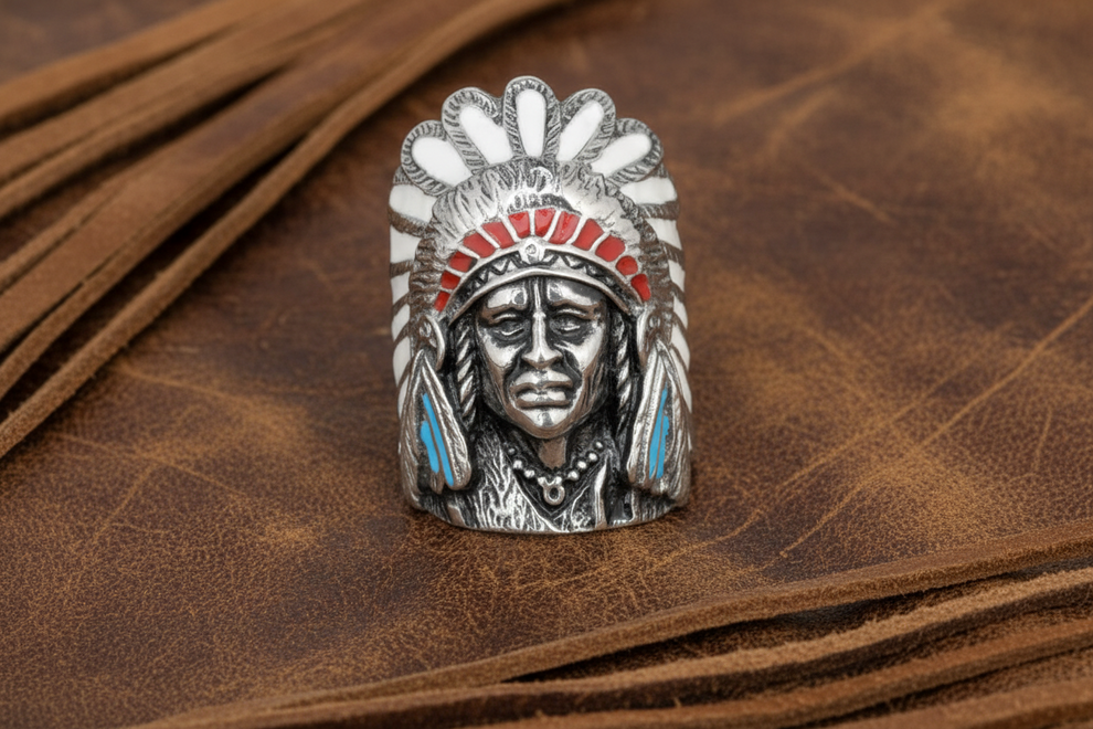 SK1064 Gents Indian Head Ring With Enamel Stainless Steel Motorcycle J ...